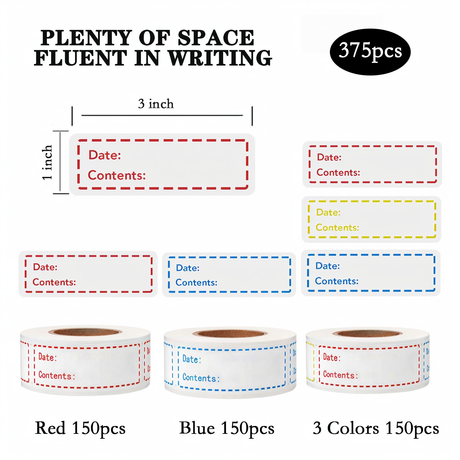 Removable Food Freezer Labels, 375pcs 1 x 3 inch Self-Adhesive Food Storage Stickers, Easy Clean Refrigerator Freezer Paper Label ,4 Colors Food Labels 3 Rolls