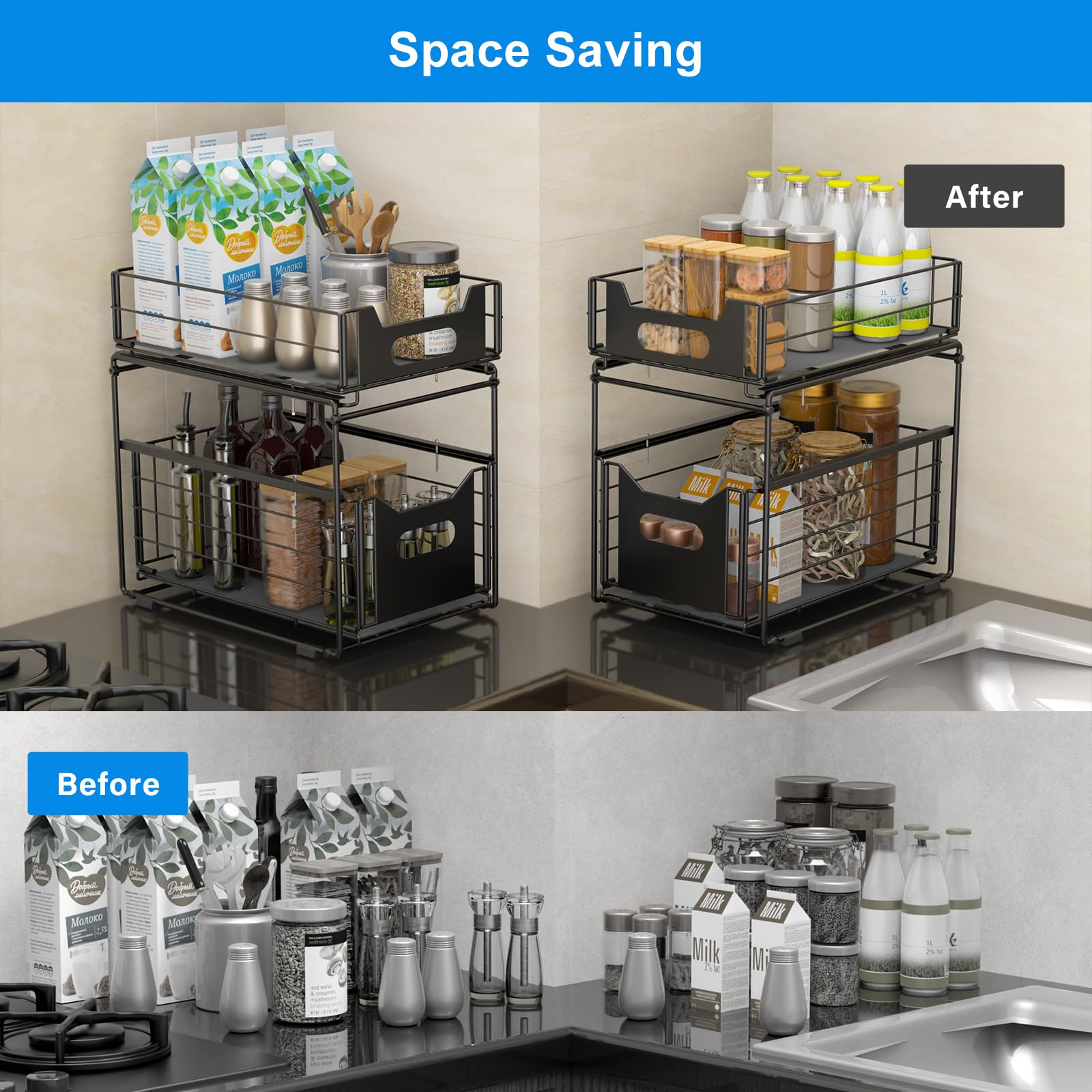 Under Sink Organizers and Storage - 2 Pack Metal Under Cabinet Organizers with Sliding Drawers,Folding Under Sink Organizer for Cabinet, Bathroom, Kitchen, Closets, Bedroom and Offices (Black)