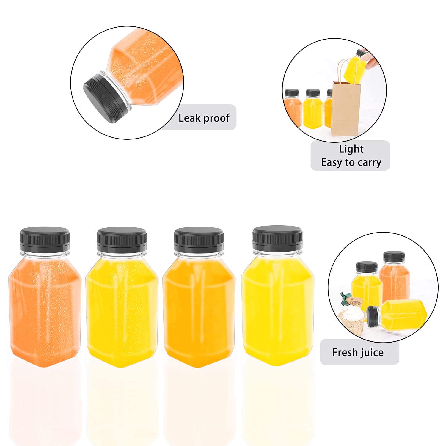 6 Pcs 4 oz Plastic Juice Bottle Reusable Transparent Bulk Beverage Containers for Juice, Milk And Other With Black Lids