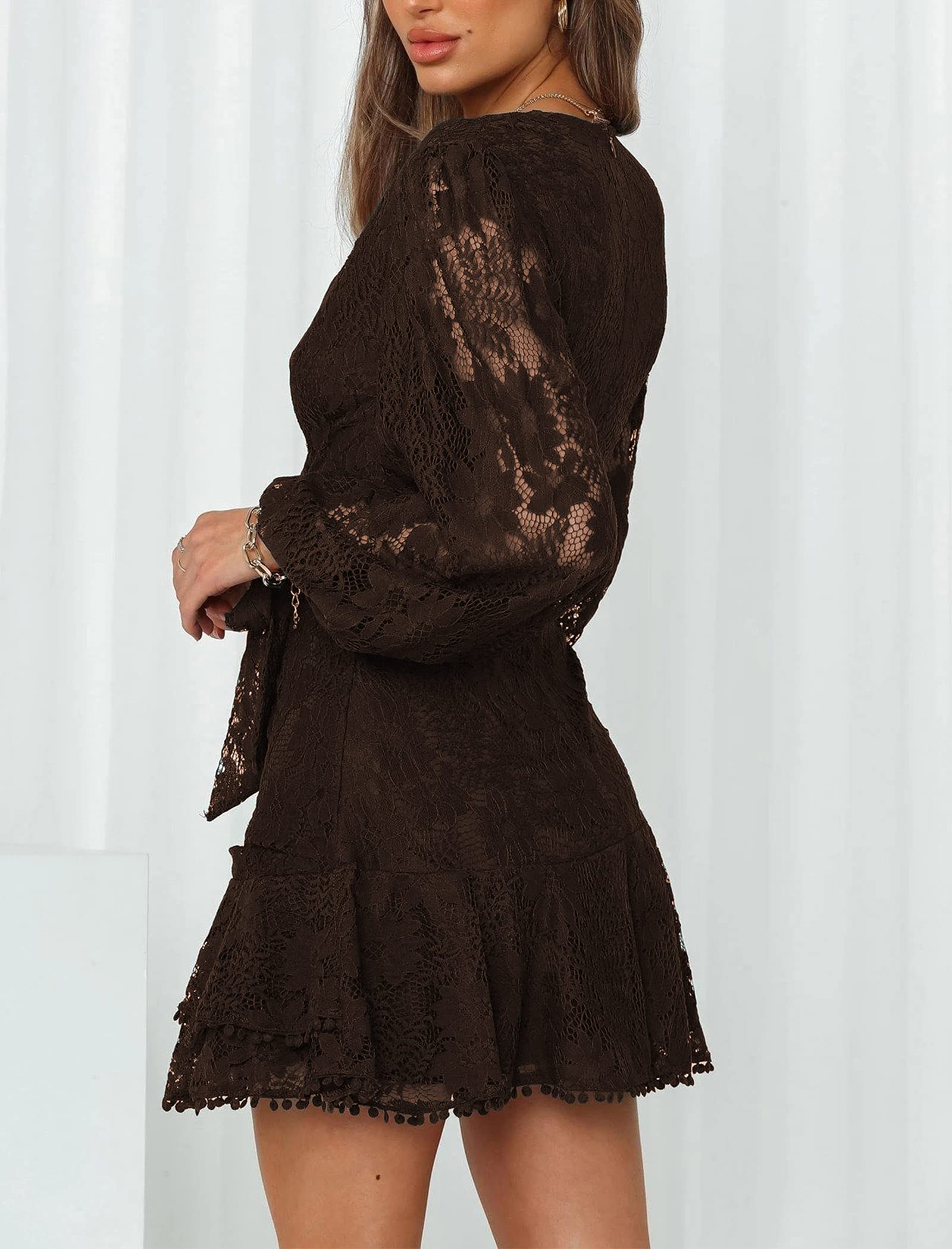 Women Longsleeve Ruffle Wrap Lace Mini Dress Deep V-Neck Lantern Sleeve Tie Waist Casual Dress for Wedding Guest Chocolate