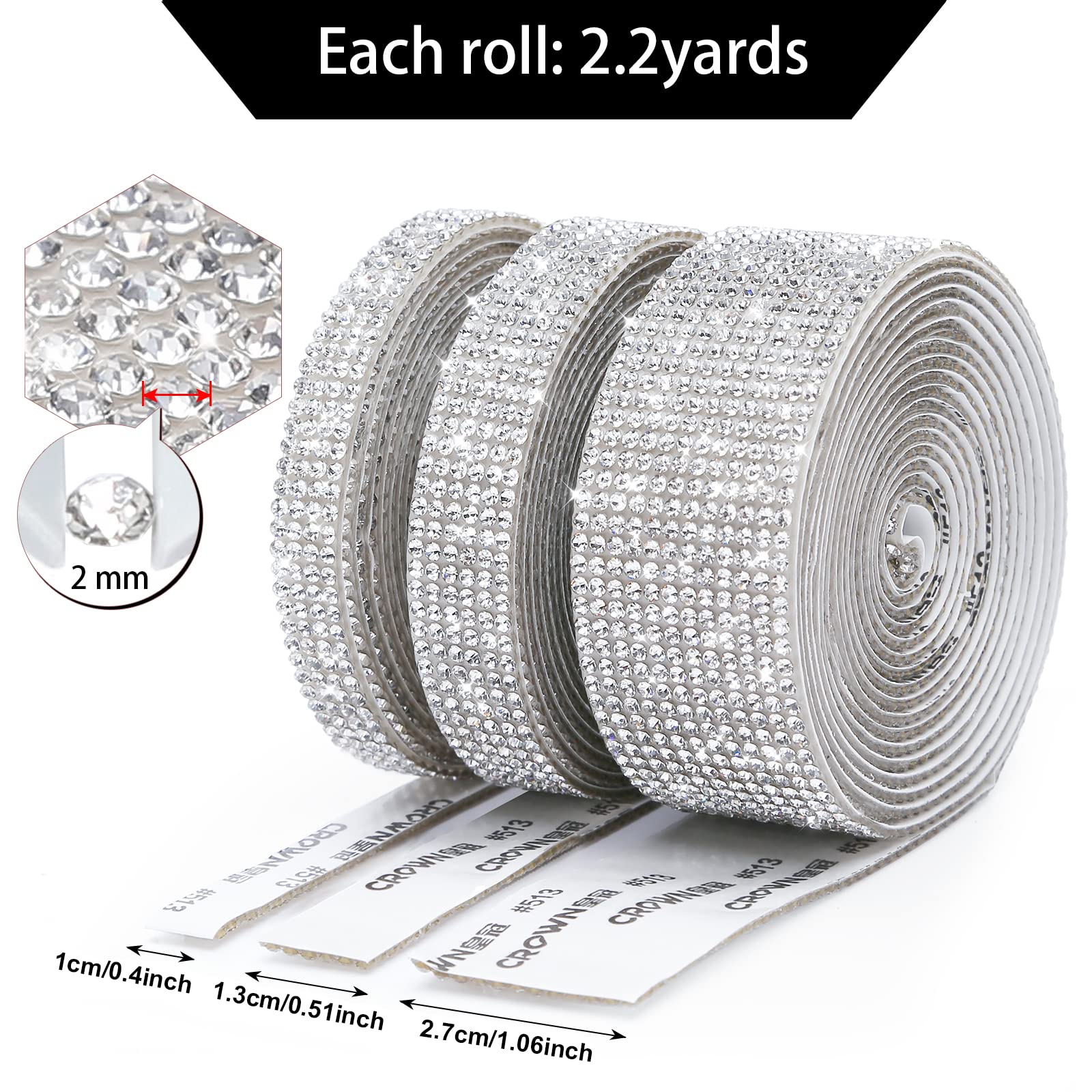 3 Rolls 6.6 Yards Self-Adhesive Crystal Rhinestone Diamond Ribbon - DIY Diamond Ribbon Stickers with 2 mm Rhinestones for Arts Crafts ,Bling Silver Ribbon Rolls for Phone,Car Decoration(Silver)