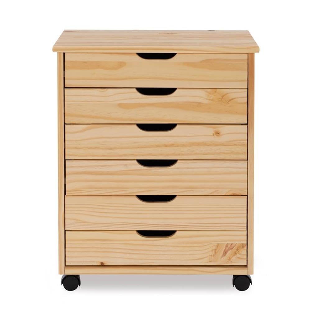 Linon Callie Multipurpose Six Drawer Dresser Wide Wood Rolling File Cabinet Storage Cart in Natural