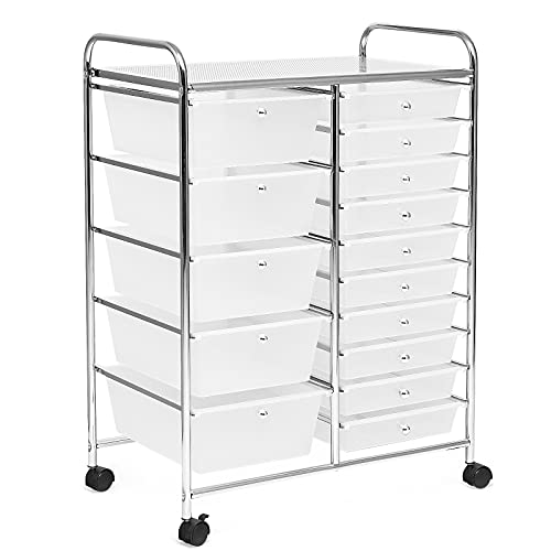 KOTEK 15-Drawer Rolling Storage Cart, Multipurpose Mobile Utility Cart with 4 Wheels, Home Office School Tools Scrapbook Paper Organizer (Clear)