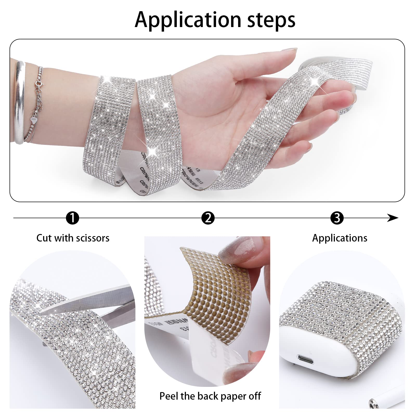 3 Rolls 6.6 Yards Self-Adhesive Crystal Rhinestone Diamond Ribbon - DIY Diamond Ribbon Stickers with 2 mm Rhinestones for Arts Crafts ,Bling Silver Ribbon Rolls for Phone,Car Decoration(Silver)