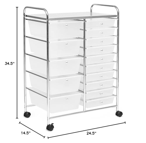 KOTEK 15-Drawer Rolling Storage Cart, Multipurpose Mobile Utility Cart with 4 Wheels, Home Office School Tools Scrapbook Paper Organizer (Clear)