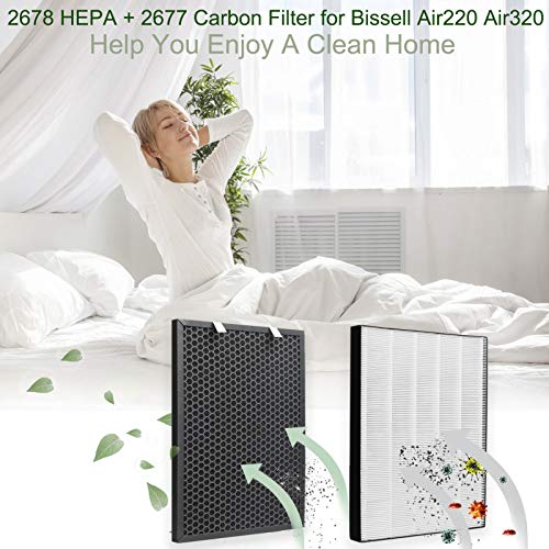 FFsign 2678 Replacement High Efficiency HEPA Filter + 2677 Actived Carbon Filter for Bissell Air220 Air320, 1 True HEPA Pre-Filter & 1 Carbon Filter
