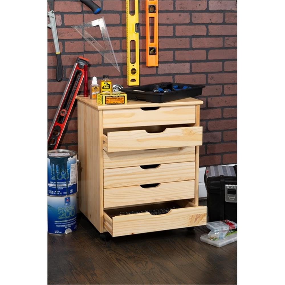 Linon Callie Multipurpose Six Drawer Dresser Wide Wood Rolling File Cabinet Storage Cart in Natural