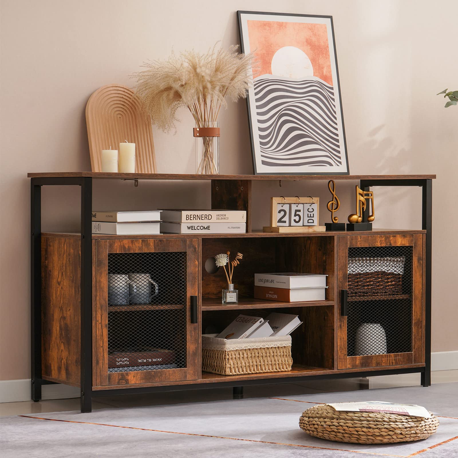 usikey Industrial TV Stand for 60 Inch TV, Entertainment Center, TV Cabinet with Storage Shelves, Media TV Console, Home Living Room Storage Cabinet for TV, Rustic Brown