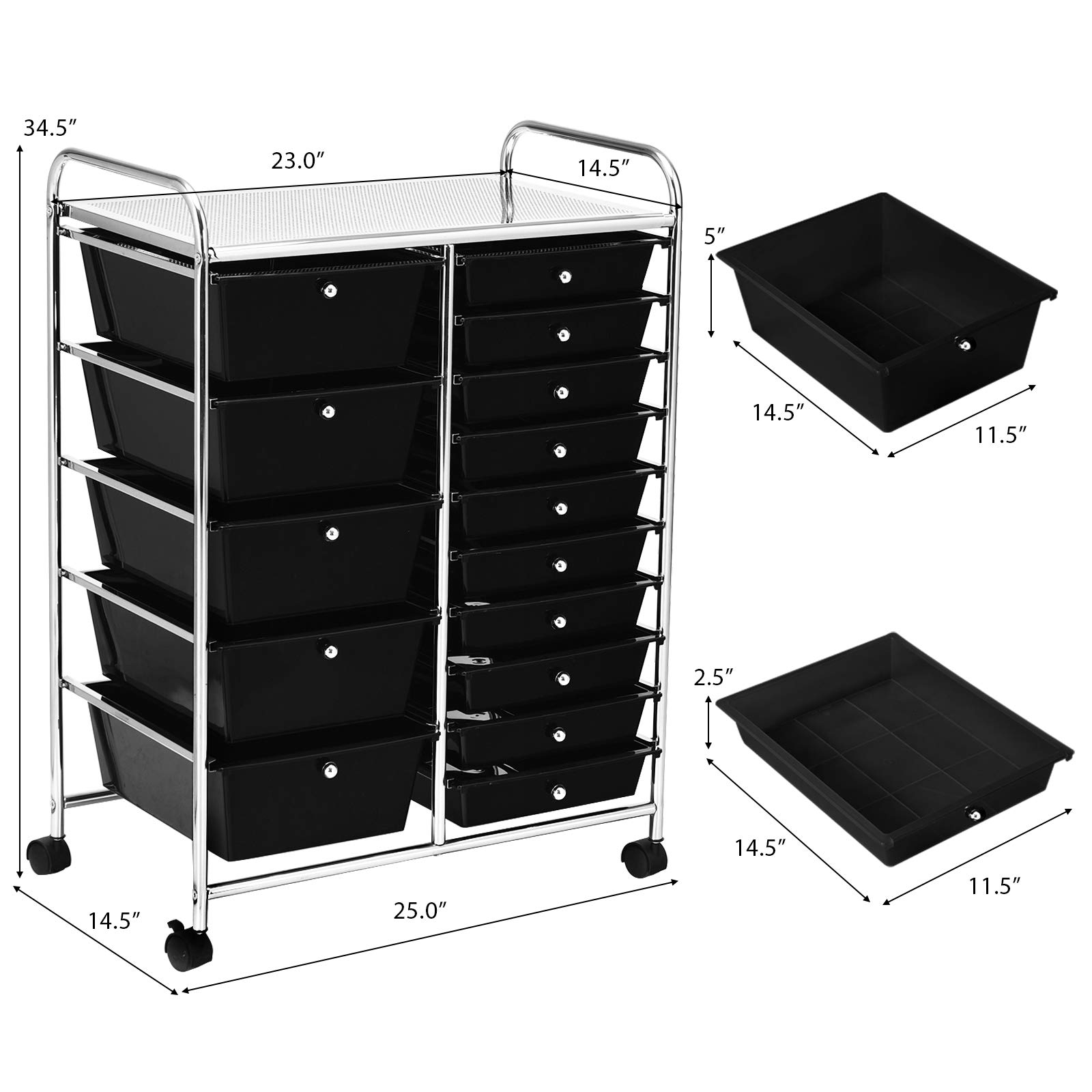 MEDIMALL 15 Drawers Rolling Storage Cart, Multipurpose Craft Storage Cart with Wheels, Mobile Tools Scrapbook Paper Organizer Cart for School Home Office Use (Black)