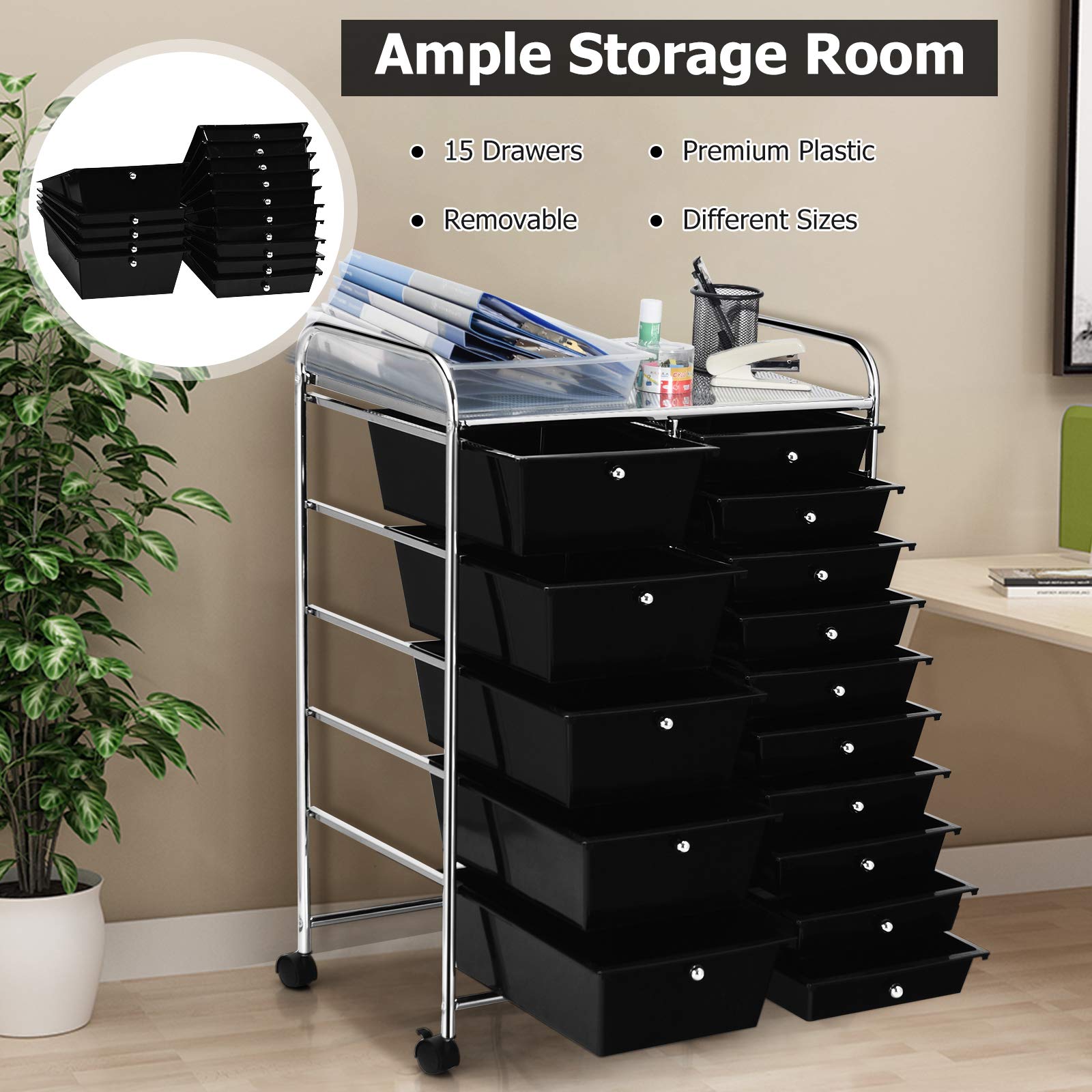 MEDIMALL 15 Drawers Rolling Storage Cart, Multipurpose Craft Storage Cart with Wheels, Mobile Tools Scrapbook Paper Organizer Cart for School Home Office Use (Black)
