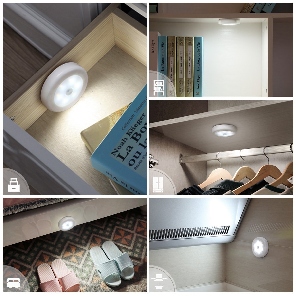 AMIR Upgraded Motion Sensor Light, Cordless Battery-Powered LED Night Light, Stick-Anywhere Closet Light Stair Lights, Wall Lights for Hallway, Bedroom, Kitchen (White - Pack of 6)