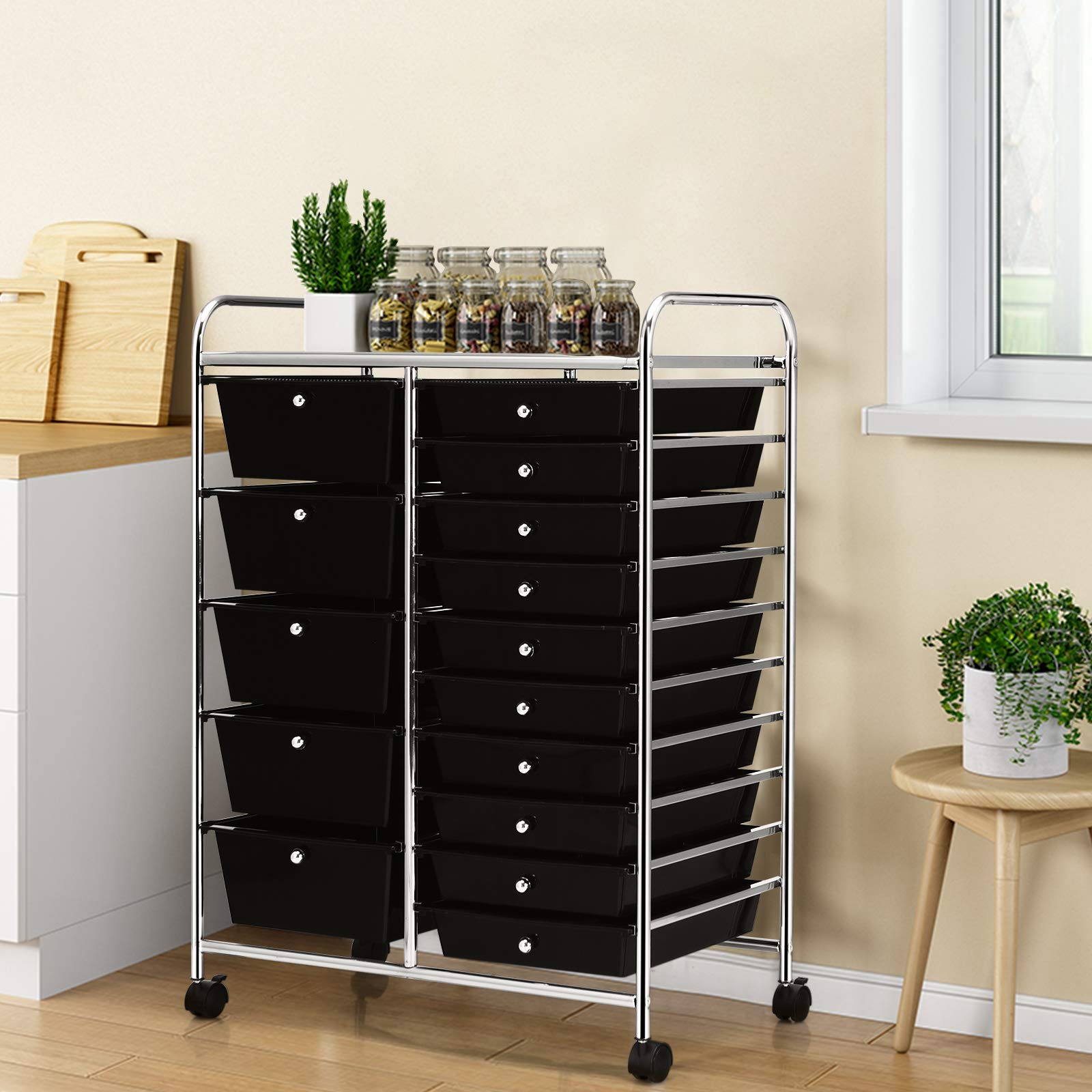 MEDIMALL 15 Drawers Rolling Storage Cart, Multipurpose Craft Storage Cart with Wheels, Mobile Tools Scrapbook Paper Organizer Cart for School Home Office Use (Black)