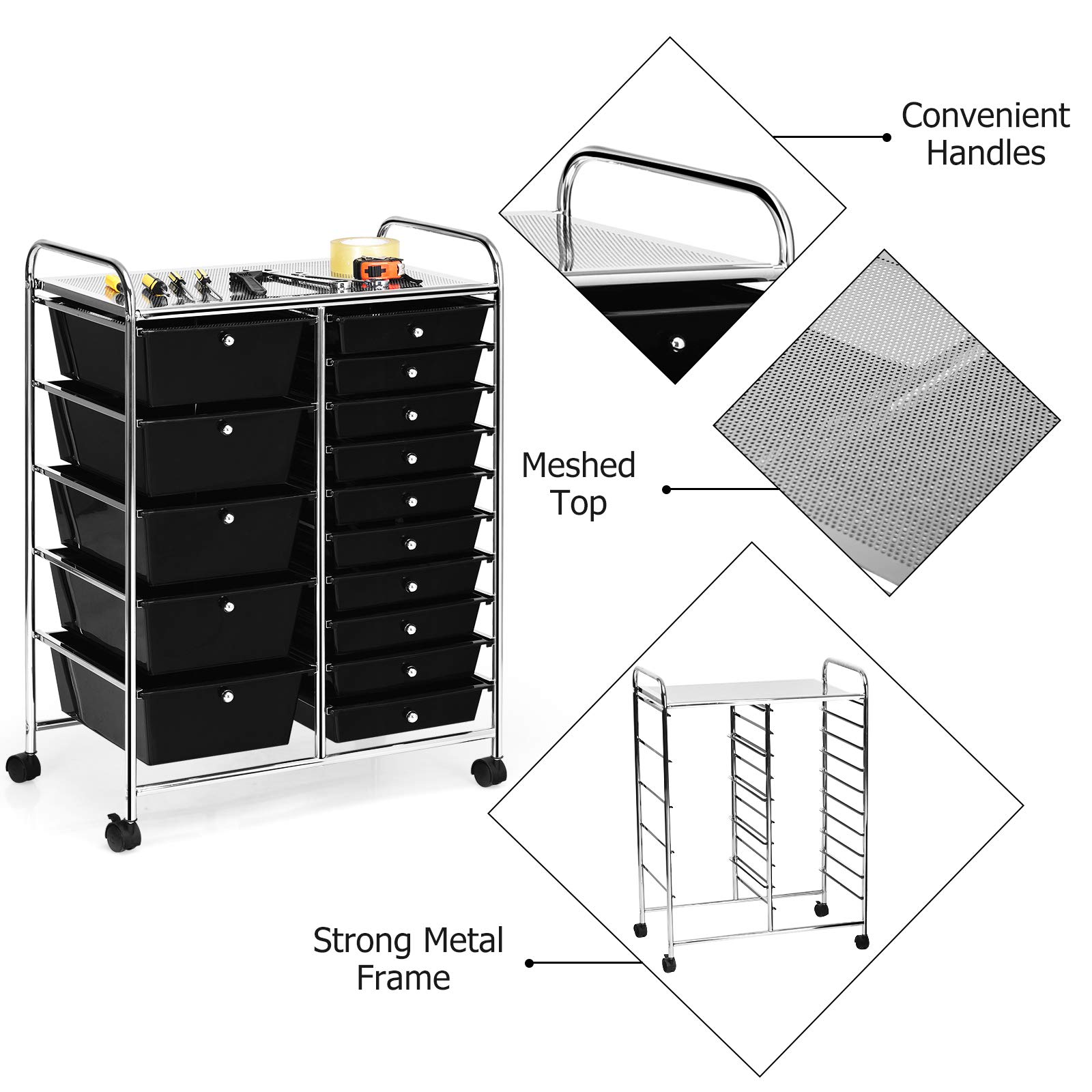 MEDIMALL 15 Drawers Rolling Storage Cart, Multipurpose Craft Storage Cart with Wheels, Mobile Tools Scrapbook Paper Organizer Cart for School Home Office Use (Black)