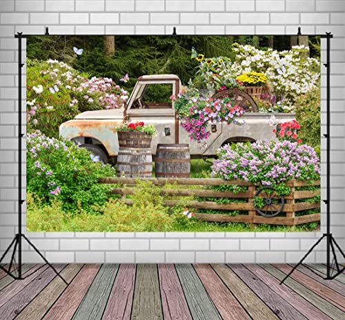 Lofaris Spring Truck Flower Backdrop Natural Garden Countryside Scenery Photography Background Child Kid Birthday Party Decor Portrait Photo Studio Props 9x6ft