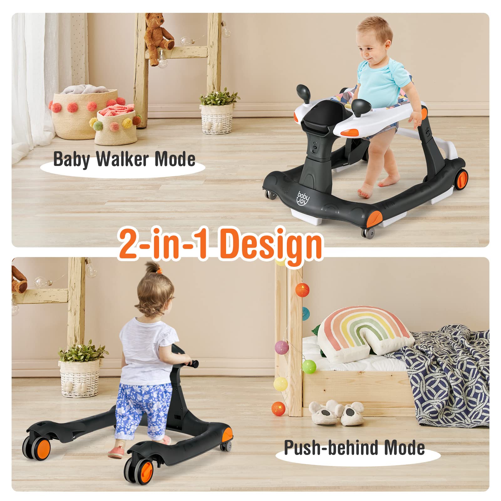 BABY JOY 2-in-1 Baby Walker, Foldable Activity Walker with Adjustable Height & Speed, Music, Lights, Mirrors, Padded Seat Cushion, Activity Baby Push Walker for Toddler Boys Girls, Ages 6 β 18 Months