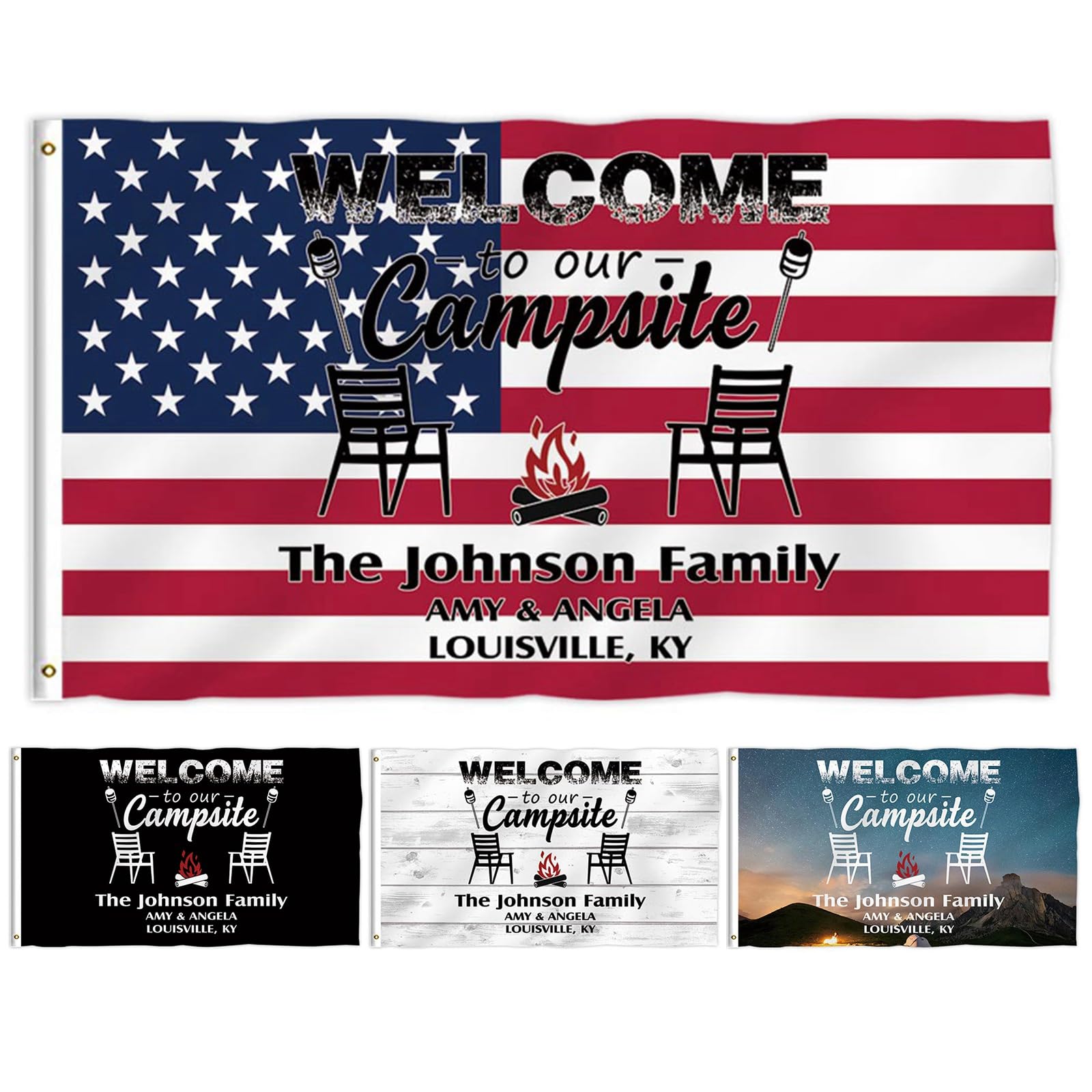 KafePross Welcome to Our Campsite Flag 3x5 FT Outdoor Indoor Making Memory Enjoy Your RV Travel Custom Family Last Name for Room College Dorm Bedroom Wall Tapestry Decor