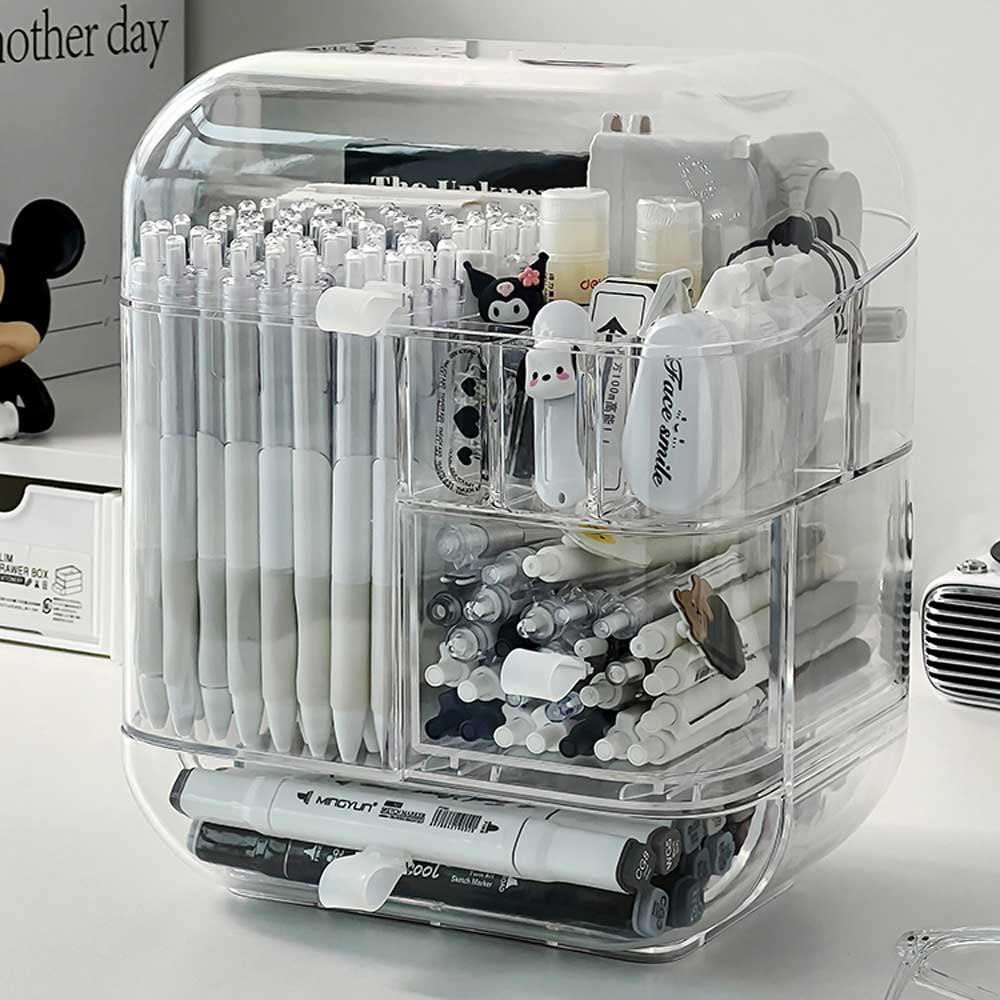 WEAREZ Multifunctional Desktop Pen Organizer,Acrylic Table Organiser With Drawer,Multifunctional Desk Organiser With Cover,Pen Holder For School,Office,Home