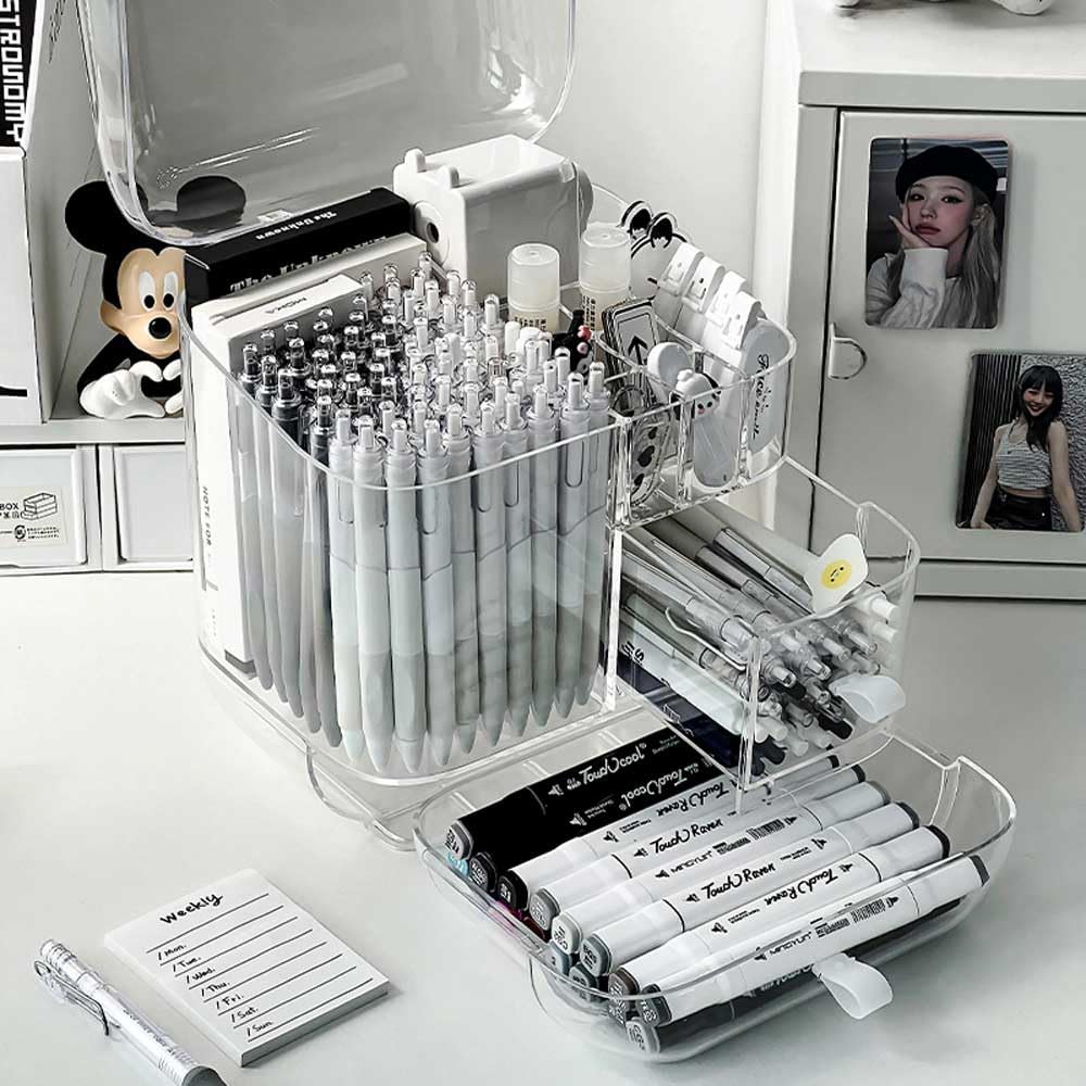 WEAREZ Multifunctional Desktop Pen Organizer,Acrylic Table Organiser With Drawer,Multifunctional Desk Organiser With Cover,Pen Holder For School,Office,Home