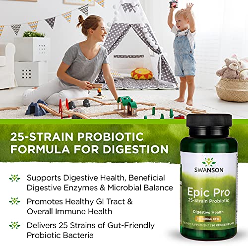Swanson Epic-Pro 25-Strain Probiotic 30 Billion CFU Digestive Health Immune System Support Prebiotic Nutraflora FOS 30 DRcaps Veggie Capsules (Caps) (4 Pack)