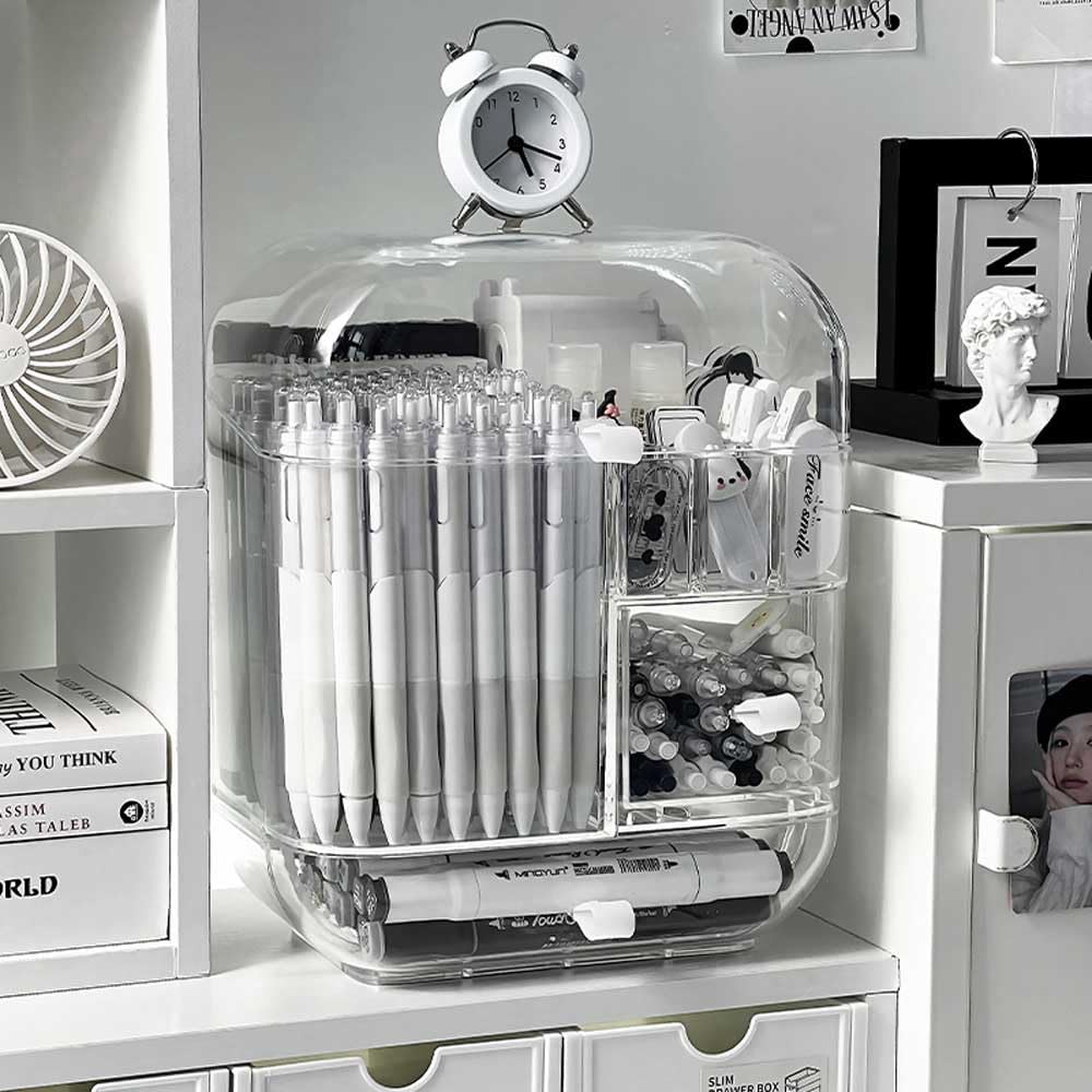 WEAREZ Multifunctional Desktop Pen Organizer,Acrylic Table Organiser With Drawer,Multifunctional Desk Organiser With Cover,Pen Holder For School,Office,Home