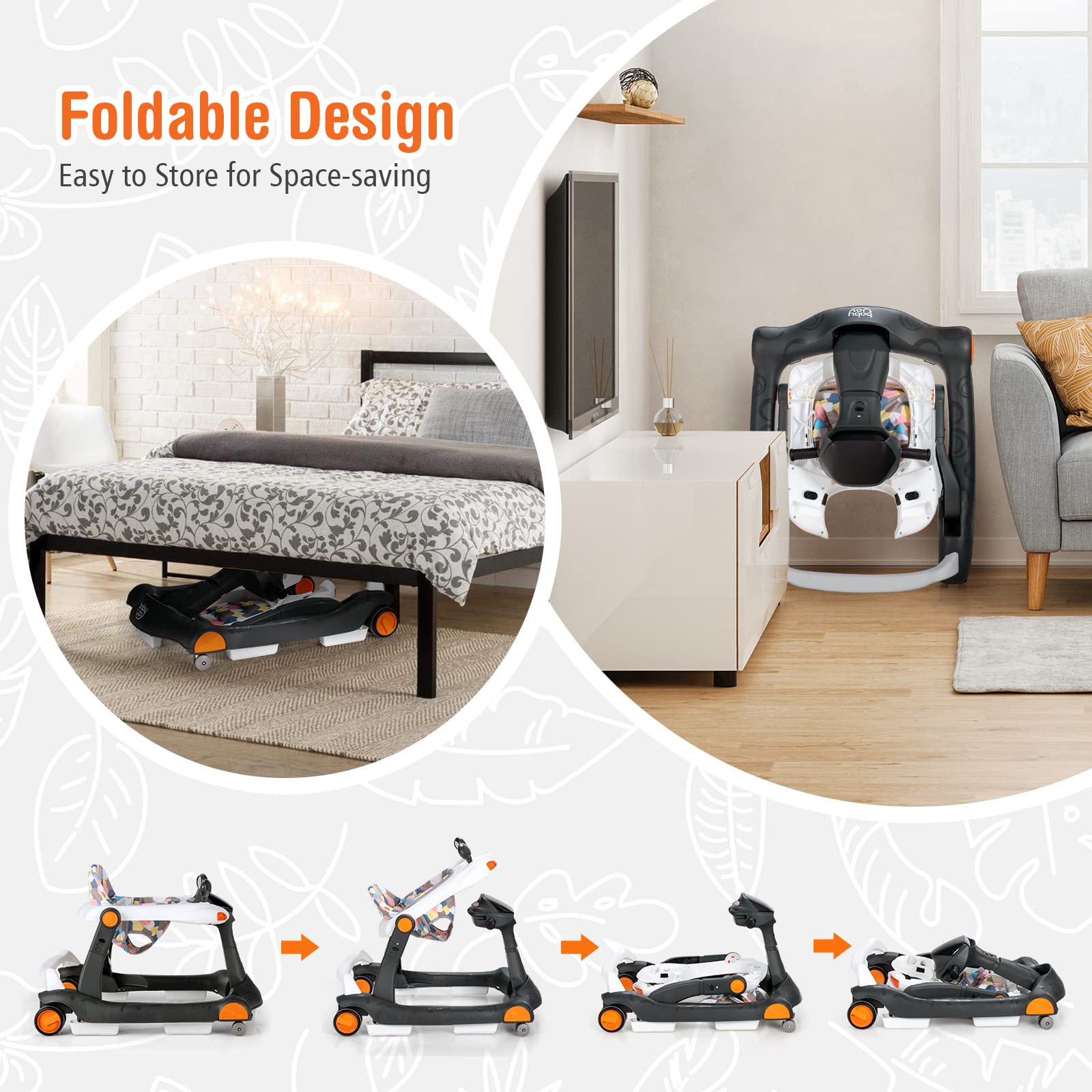 BABY JOY 2-in-1 Baby Walker, Foldable Activity Walker with Adjustable Height & Speed, Music, Lights, Mirrors, Padded Seat Cushion, Activity Baby Push Walker for Toddler Boys Girls, Ages 6 β 18 Months