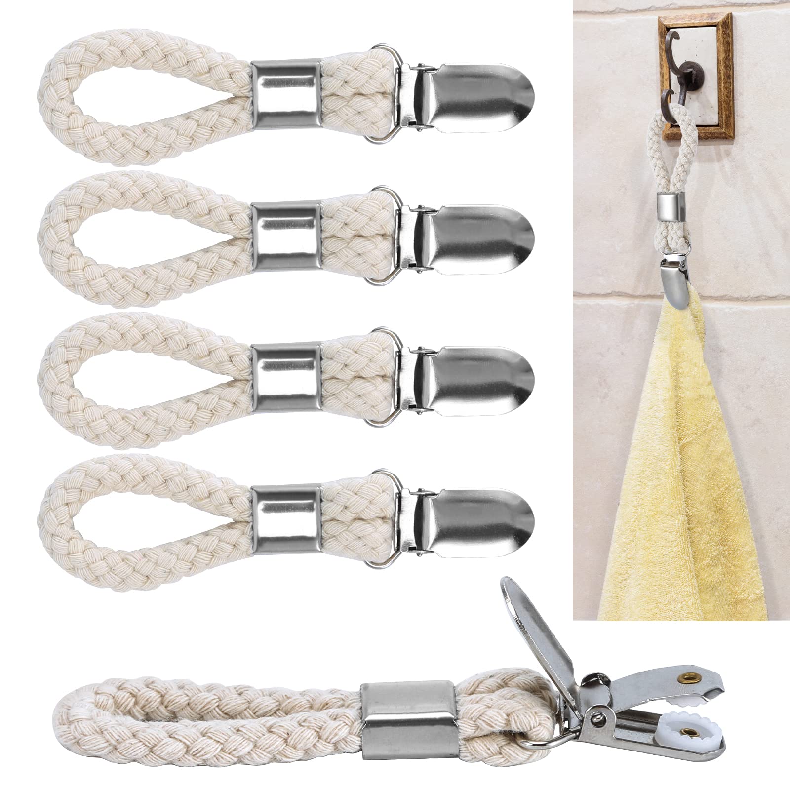 5 Pack Hanging Tea Towels Clip,Metal Kitchen Towels Clips with Hanging Loop Cloth Hook Clip Hangers for Home Kitchen Bathroom Cupboards Cloth Hanger Holder Brackets-Braided Cotton Loop