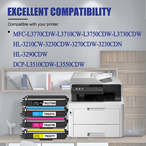 PIONOUS TN227 4 Pack (1BK/1C/1M/1Y) TN-227 TN 227 Toner Cartridge Replacement for Brother MFC-L3770CDW MFC-L3710CW MFC-L3750CDW MFC-L3730CDW HL-3210CW HL-3230CDW HL-3270CDW HL-3230CDN Printer