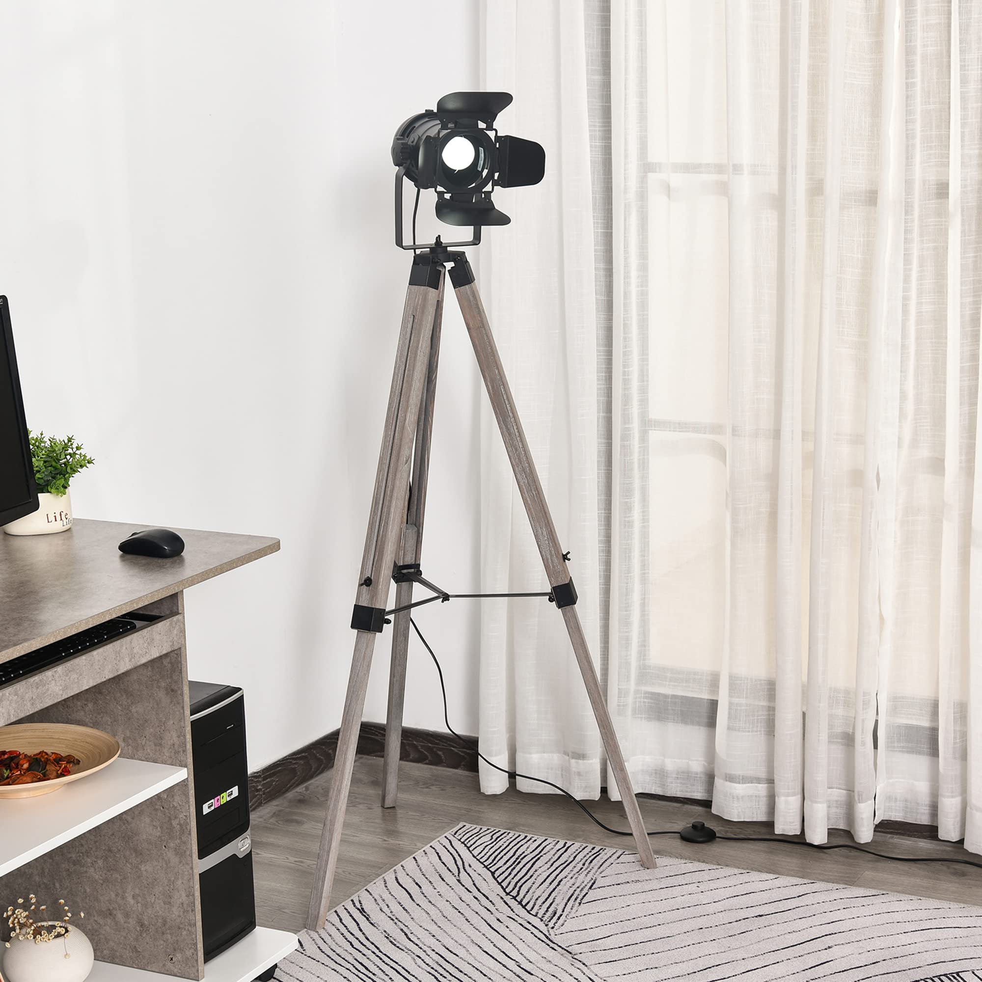 HOMCOM Industrial Style Tripod Floor Lamp, Vintage Spotlight Reading Lamp with Wooden Metal Legs, Wood and Black