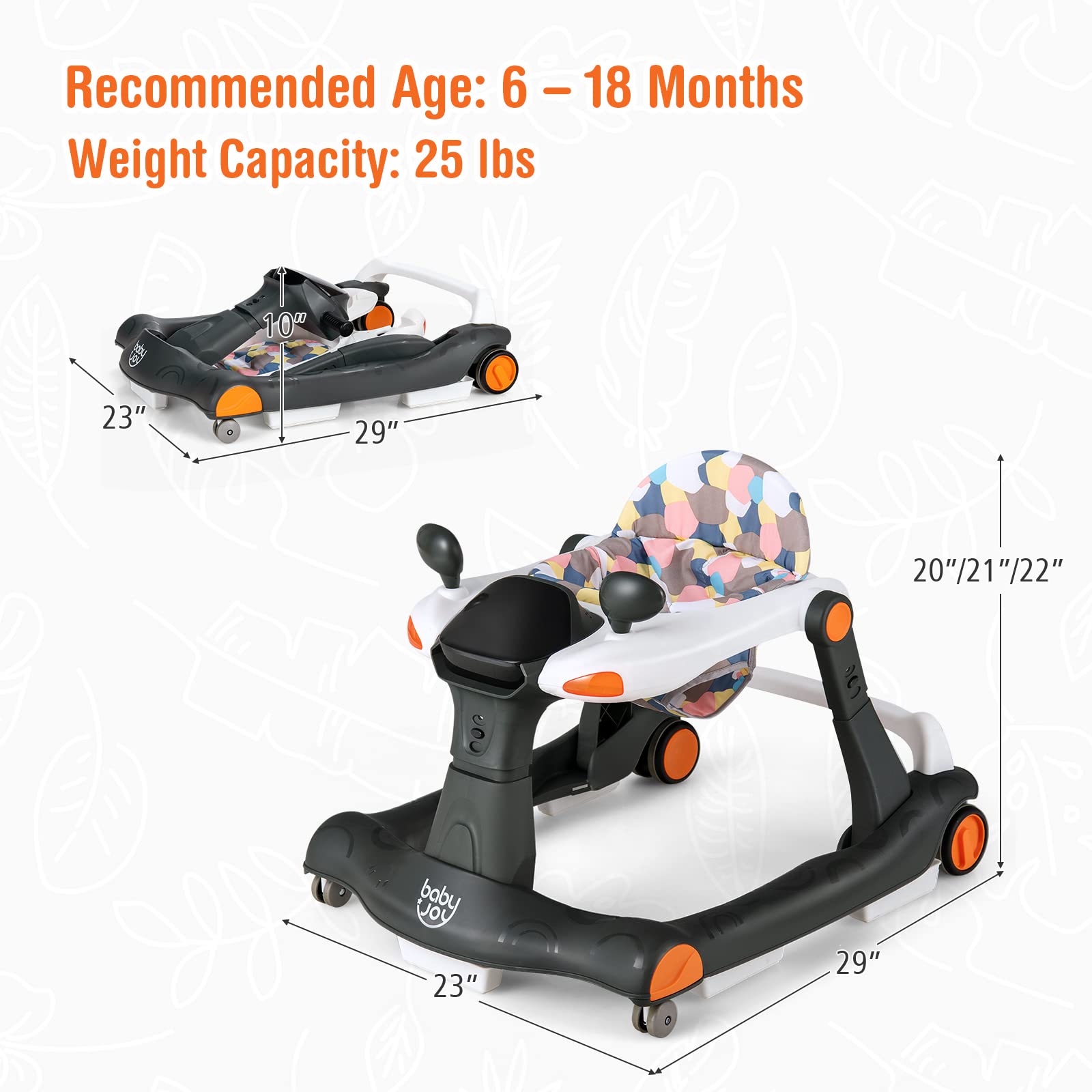 BABY JOY 2-in-1 Baby Walker, Foldable Activity Walker with Adjustable Height & Speed, Music, Lights, Mirrors, Padded Seat Cushion, Activity Baby Push Walker for Toddler Boys Girls, Ages 6 β 18 Months