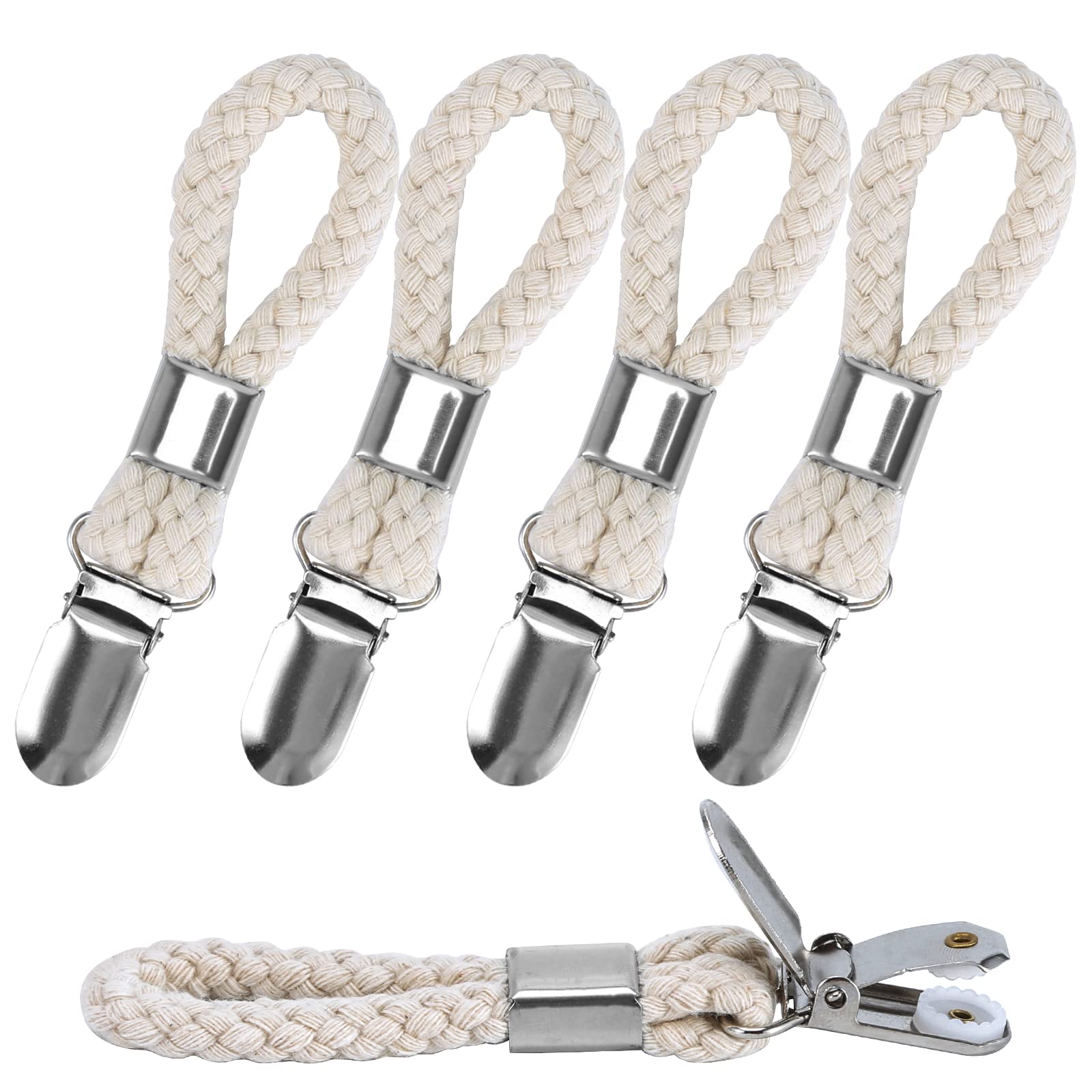 5 Pack Hanging Tea Towels Clip,Metal Kitchen Towels Clips with Hanging Loop Cloth Hook Clip Hangers for Home Kitchen Bathroom Cupboards Cloth Hanger Holder Brackets-Braided Cotton Loop