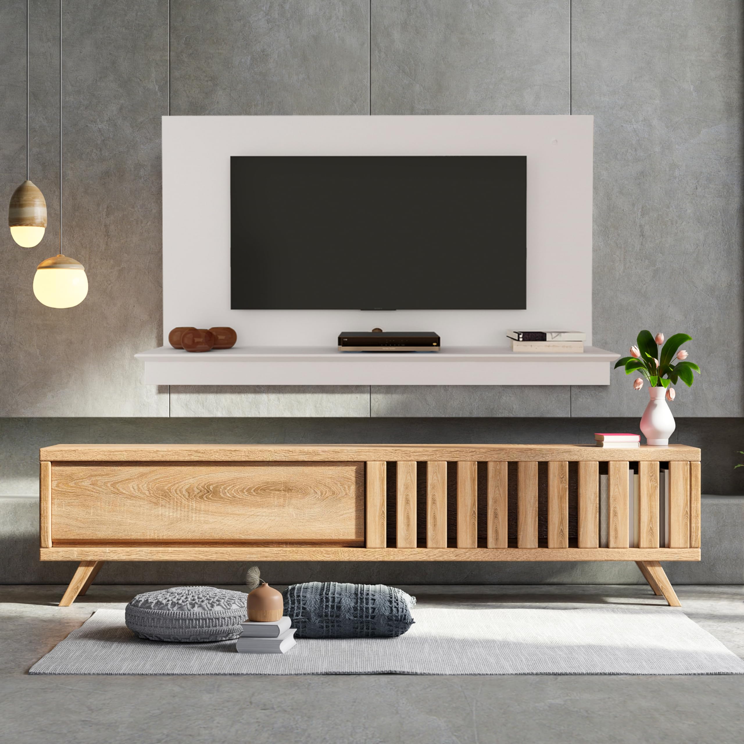 Naomi Home Deborah Floating Entertainment Center for up to 55 inch TVs, TV Wall Panel with LED Strip and Shelf, Floating TV Stand, White