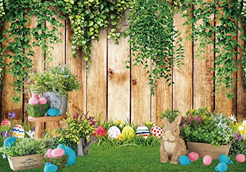 Negeek 7x5FT Spring Easter Wooden Wall Backdrop Green Grass Bunny Rabbit Eggs Background Kids Baby Shower Birthday Party Decor Studio Photography Portrait Prop