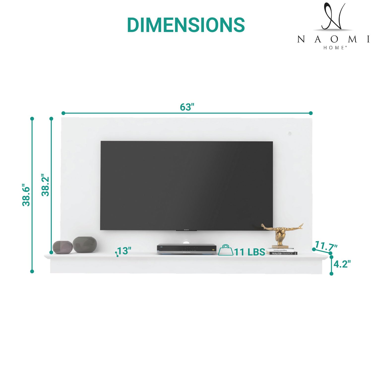Naomi Home Deborah Floating Entertainment Center for up to 55 inch TVs, TV Wall Panel with LED Strip and Shelf, Floating TV Stand, White