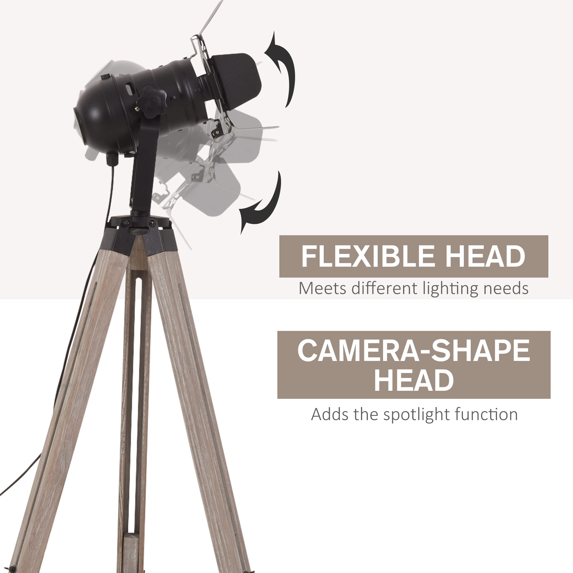 HOMCOM Industrial Style Tripod Floor Lamp, Vintage Spotlight Reading Lamp with Wooden Metal Legs, Wood and Black