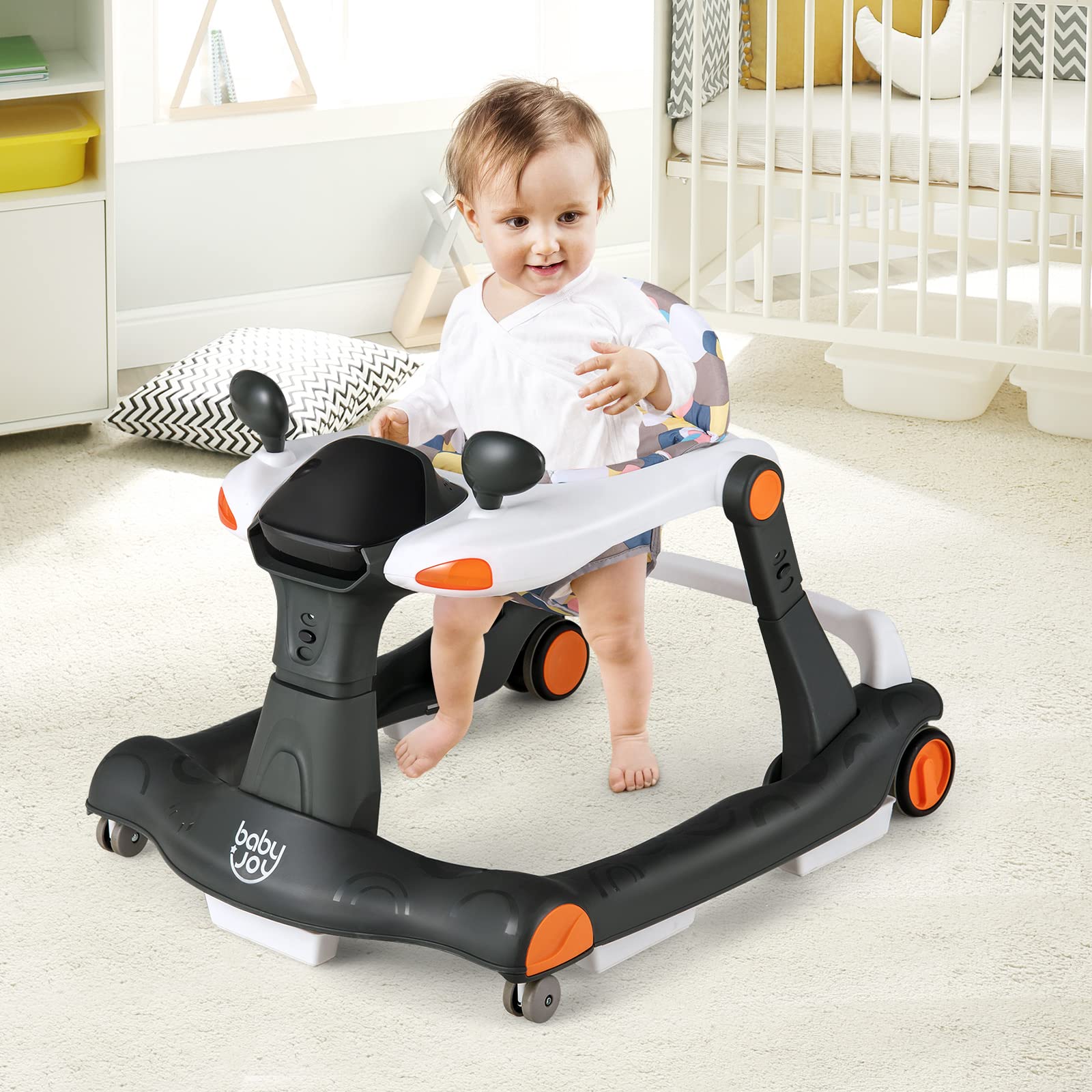 BABY JOY 2-in-1 Baby Walker, Foldable Activity Walker with Adjustable Height & Speed, Music, Lights, Mirrors, Padded Seat Cushion, Activity Baby Push Walker for Toddler Boys Girls, Ages 6 β 18 Months