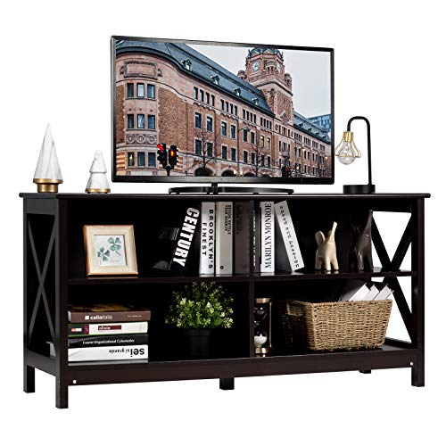 Tangkula TV Stand for TVs up to 55 Inches, 47" Farmhouse Entertainment Center with 4 Open Shelves & Built-in Cable Holes, TV Console Table with X-Shaped Frame for Living Room (Brown)