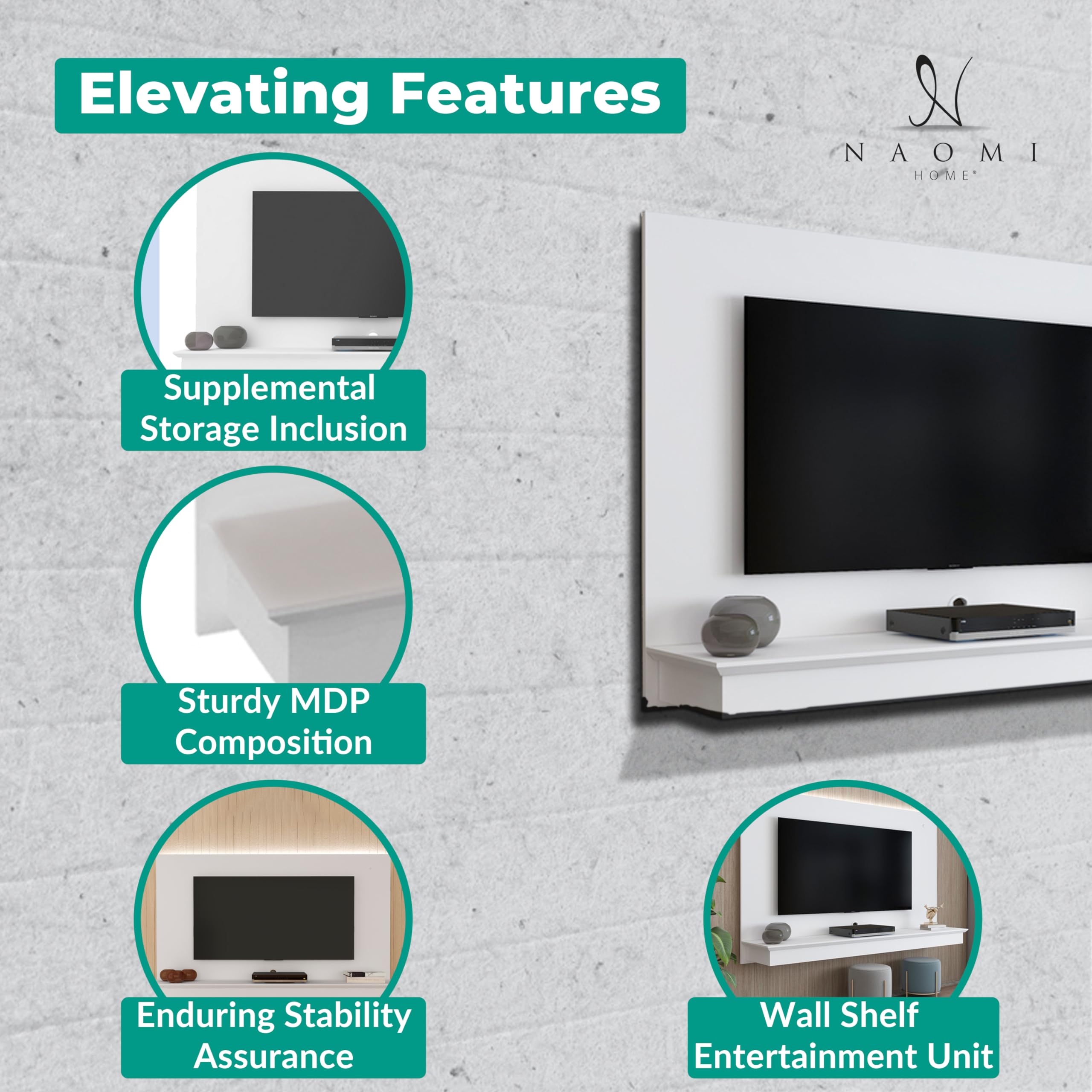 Naomi Home Deborah Floating Entertainment Center for up to 55 inch TVs, TV Wall Panel with LED Strip and Shelf, Floating TV Stand, White