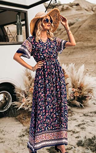 PRETTYGARDEN Women's Casual Summer Boho Floral Print Dress V Neck Short Sleeve High Waist Long Maxi Beach Dresses (Navy,Medium)