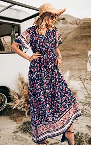 PRETTYGARDEN Women's Casual Summer Boho Floral Print Dress V Neck Short Sleeve High Waist Long Maxi Beach Dresses (Navy,Medium)