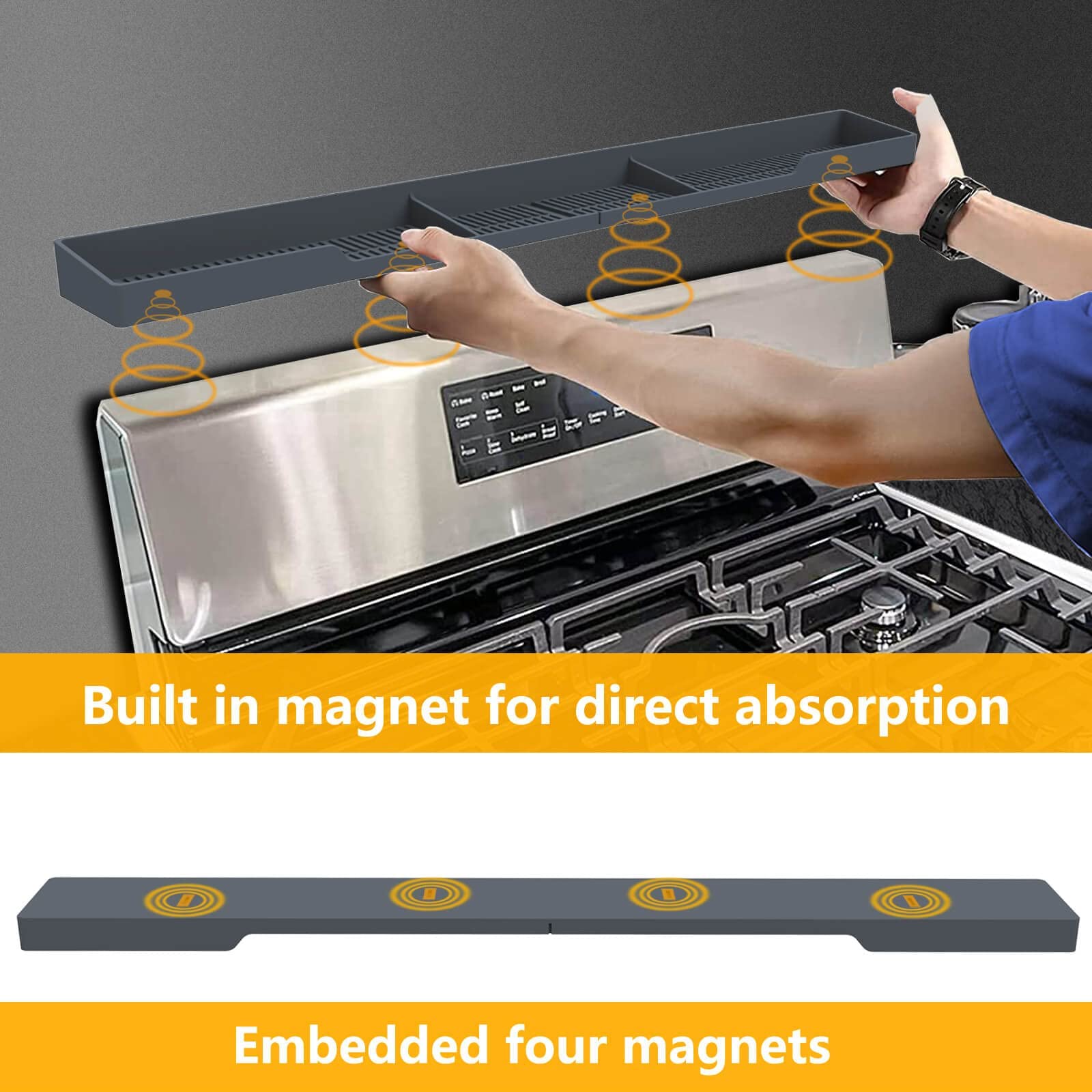 Silicone stove top shelf 30",JOOKKI magnetic over stove top shelf for kitchen stove,oven shelf for back with Zero Installation,over the stove spice rack With With partition and perimeter fence.(gray)
