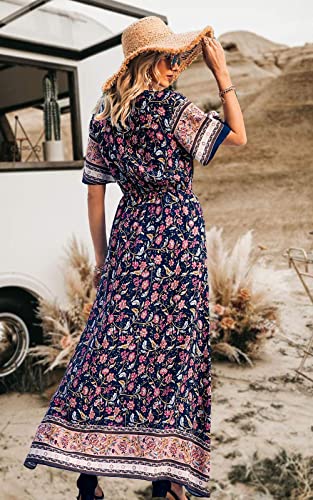 PRETTYGARDEN Women's Casual Summer Boho Floral Print Dress V Neck Short Sleeve High Waist Long Maxi Beach Dresses (Navy,Medium)