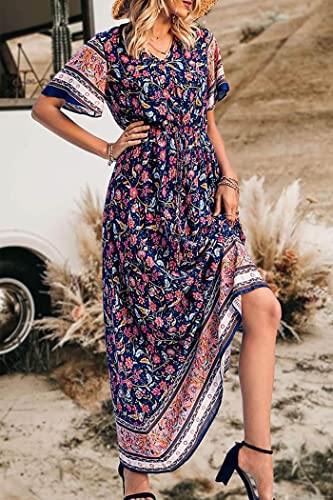 PRETTYGARDEN Women's Casual Summer Boho Floral Print Dress V Neck Short Sleeve High Waist Long Maxi Beach Dresses (Navy,Medium)