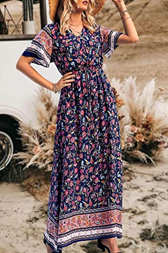 PRETTYGARDEN Women's Casual Summer Boho Floral Print Dress V Neck Short Sleeve High Waist Long Maxi Beach Dresses (Navy,Medium)