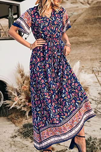 PRETTYGARDEN Women's Casual Summer Boho Floral Print Dress V Neck Short Sleeve High Waist Long Maxi Beach Dresses (Navy,Medium)