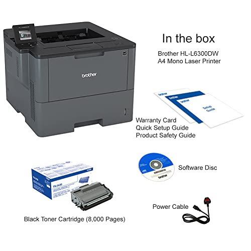 Brother HL-L6300DW Wireless Monochrome Single-Function Laser Printer, Gray - Print only - 48 ppm, 1200 x 1200 dpi, 256MB Memory, Auto Duplex Printing, 520 Sheet, Ethernet, CBMOUN Printer Cable