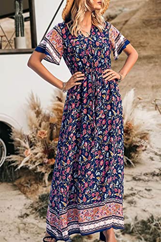 PRETTYGARDEN Women's Casual Summer Boho Floral Print Dress V Neck Short Sleeve High Waist Long Maxi Beach Dresses (Navy,Medium)