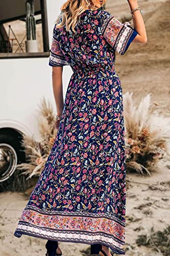 PRETTYGARDEN Women's Casual Summer Boho Floral Print Dress V Neck Short Sleeve High Waist Long Maxi Beach Dresses (Navy,Medium)