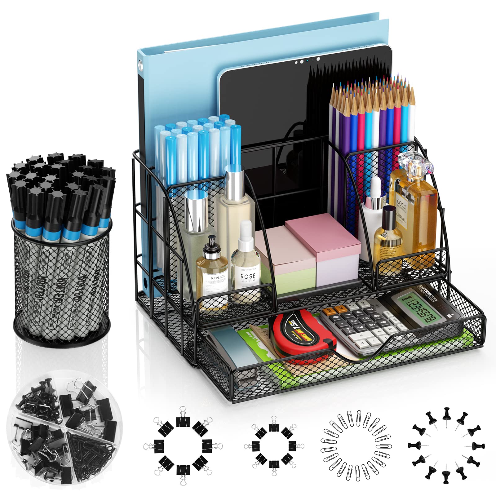 Desk Organizers and Accessories, Office Desk Organizer with 6 Compartments + 1 Large Sliding Drawer + Pen Holder + 72 Accessories, Desk Accessories Organizers for Office, Home, School (Black)