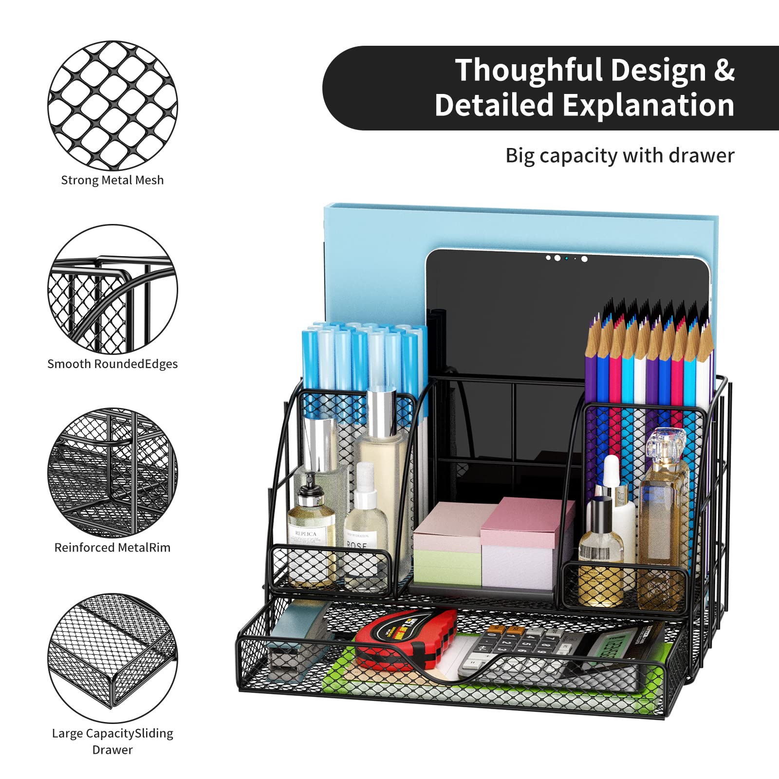 Desk Organizers and Accessories, Office Desk Organizer with 6 Compartments + 1 Large Sliding Drawer + Pen Holder + 72 Accessories, Desk Accessories Organizers for Office, Home, School (Black)