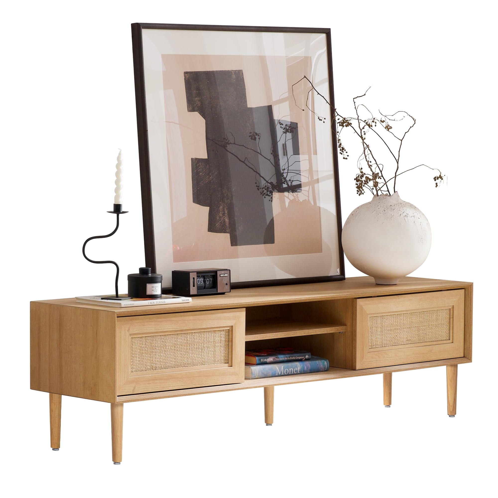 HMeeZnn Rattan TV Stand for 55 Inch TV, Mid Century Modern Entertainment Center with Storage Boho TV Console Table with 2 Cabinets for Living Room Bedroom, Natural Wood